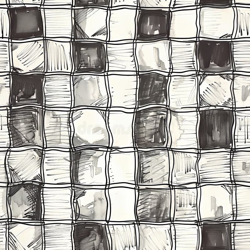 Black and White Patterned Fabric with Drawn Squares in a Grid Layout ...