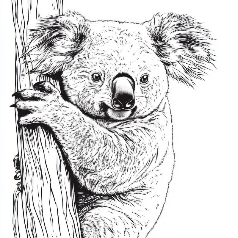 Black and White Pencil Drawing of a Koala on a Tree. Stock Photo ...
