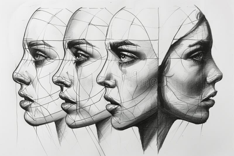 Black and White Pencil Drawing of Three Faces with Different ...