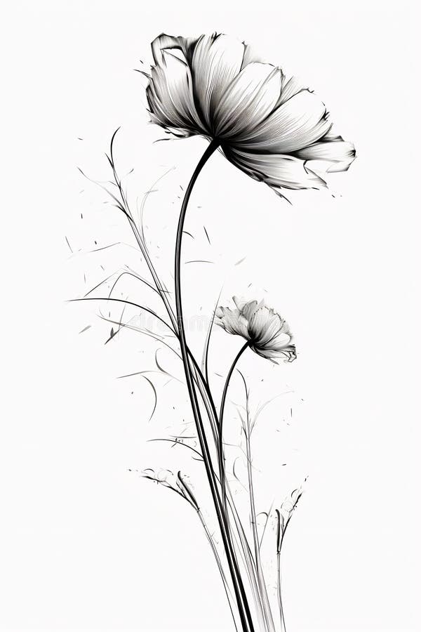 Black and White Pencil Drawing of Two Flowers with Thin Stems Stock ...