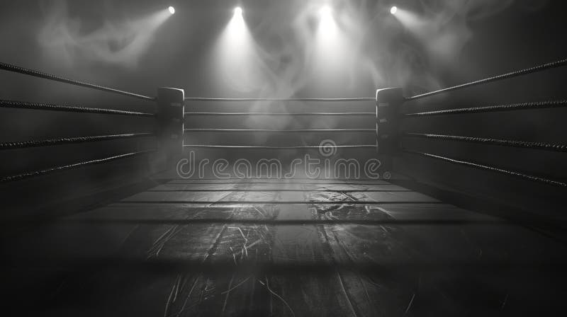 A Black and White Photo of a Boxing Ring with Ropes and Corner Posts ...