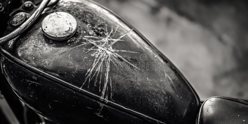 A Black and White Photo of a Broken Motorcycle with Damage To the Frame ...