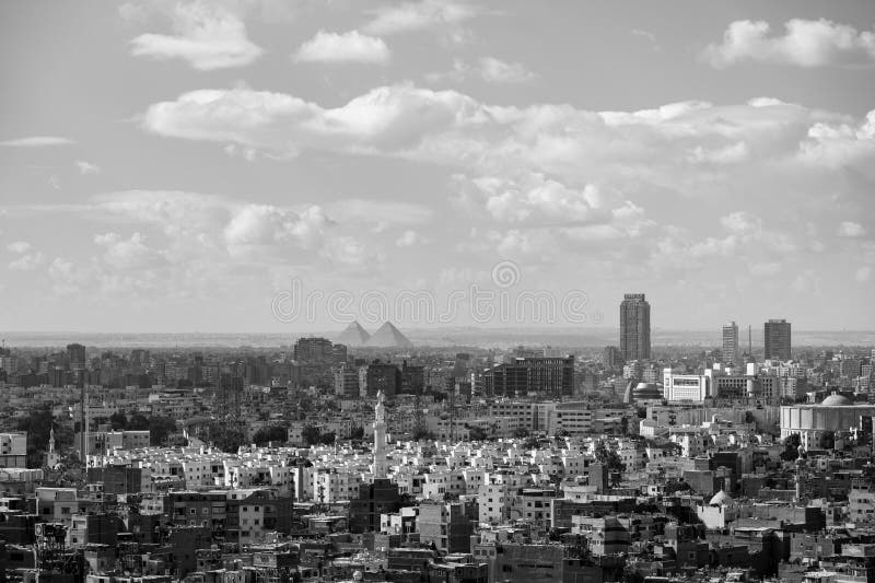 Black and White Photo of the Cairo Skyline with the Pyramids Stock ...