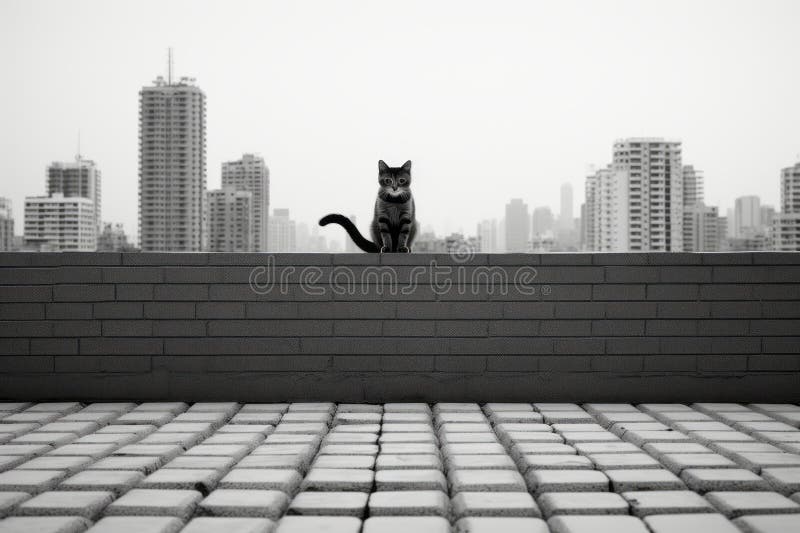 A Black and White Photo of a Cat Sitting on the Edge of a Building ...