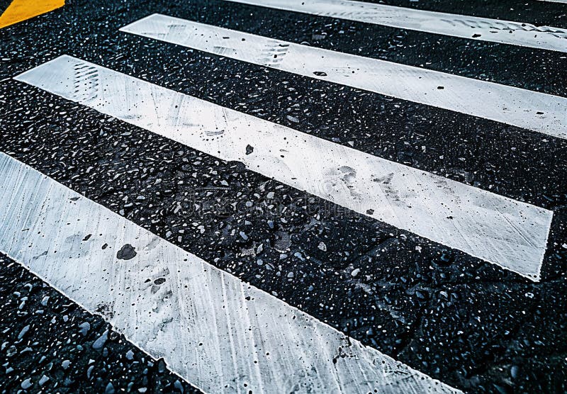 A Black and White Photo of a Crosswalk with a Yellow Stripe Stock ...