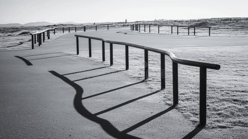 A Black and White Photo of a Curved Metal Railing on a Path. Stock ...