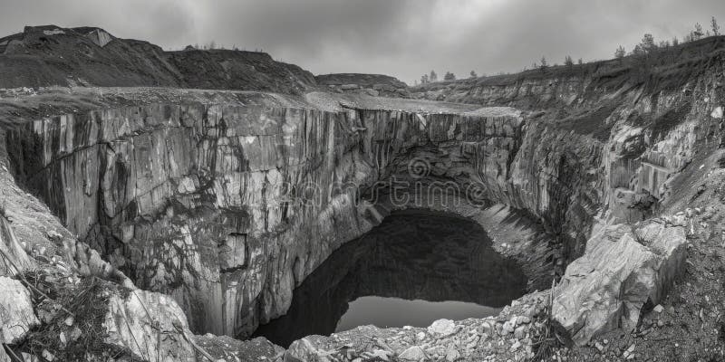 A Black and White Photo of a Deep Hole with Steep Walls and No Visible ...
