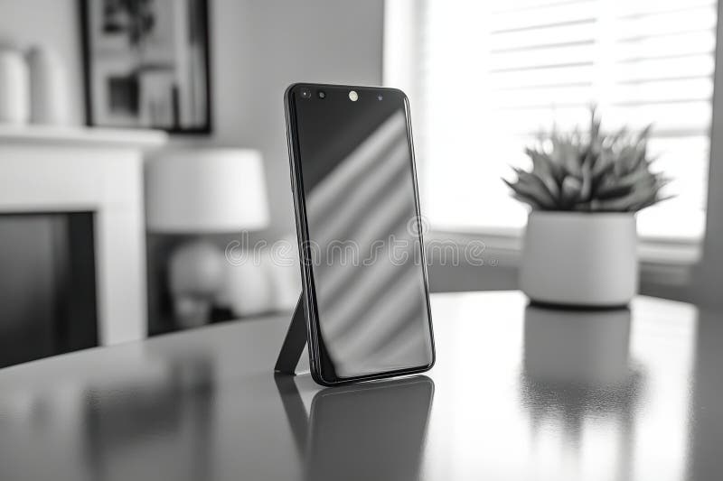 A Black and White Photo Features a Phone Resting on a Table Surface ...