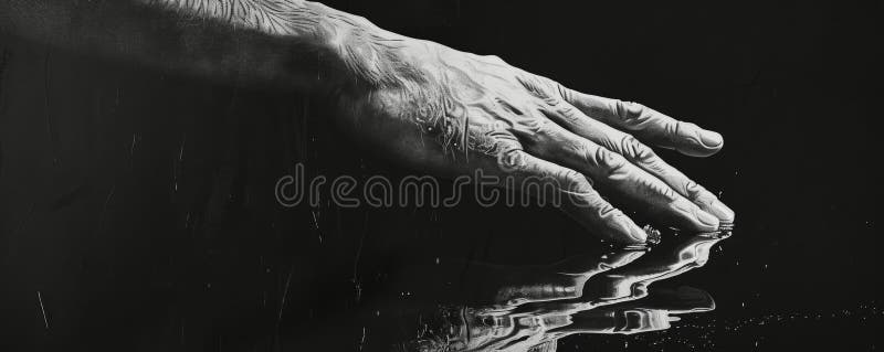 Black and White Photo of a Hand Touching Water Surface with Reflection ...