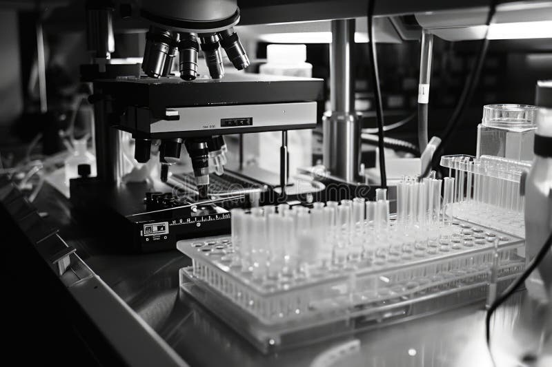 A Black and White Photo of a Lab Bench with a Microscope on it Stock ...