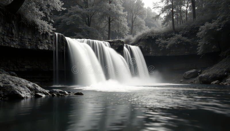 Black and White Photo, Layered Waterfall on Still Water, Abstract ...