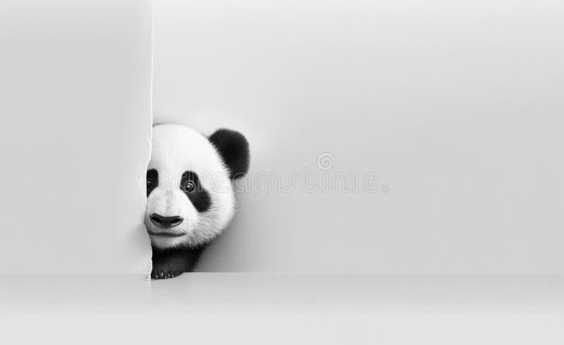 Black and White Photo of Panda Peeking Out from Behind Wall. Generative ...