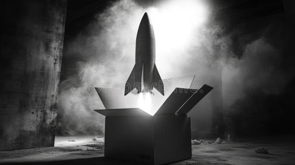 A Black and White Photo of a Rocket in a Box, Suitable for Use in a ...