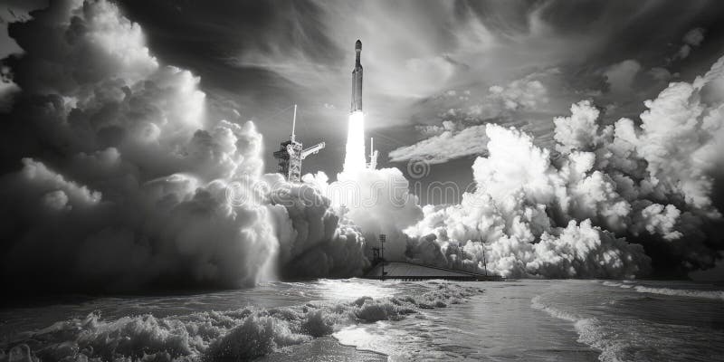 A Black and White Photo of a Rocket Taking Off. Suitable for Science ...
