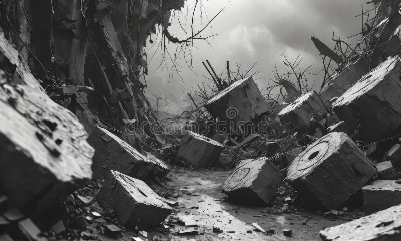 A Black and White Photo of Rubble and Destruction. Stock Illustration ...