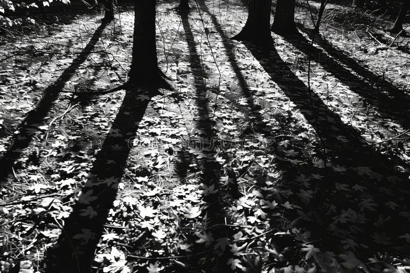 A Black and White Photo of Shadows Cast by Trees on a Forest Floor ...