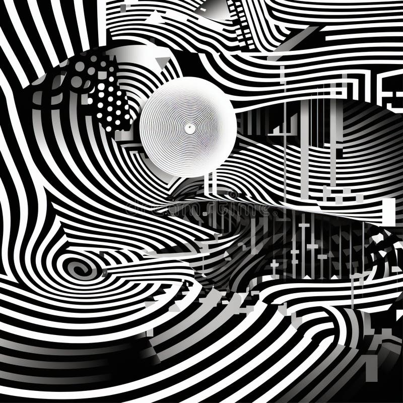 Futuristic Black and White Artwork with Sphere and Various Shapes Stock ...