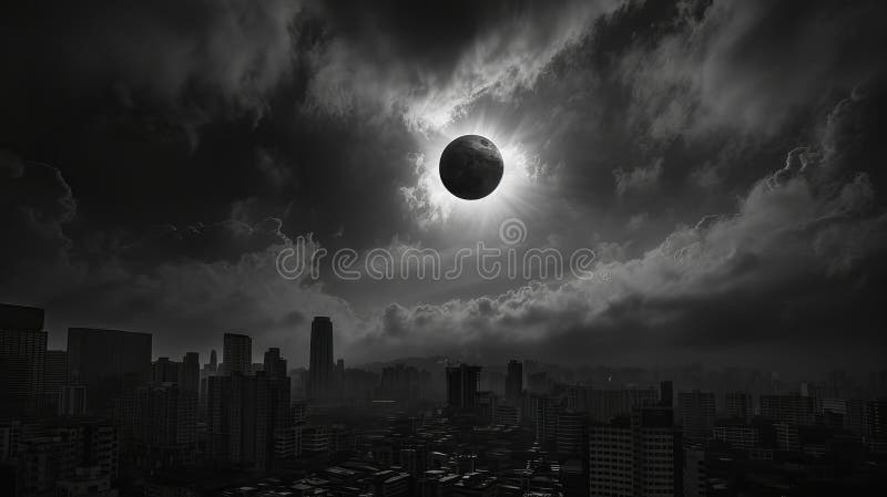 Cityscape with a Solar Eclipse during Daytime Stock Illustration ...