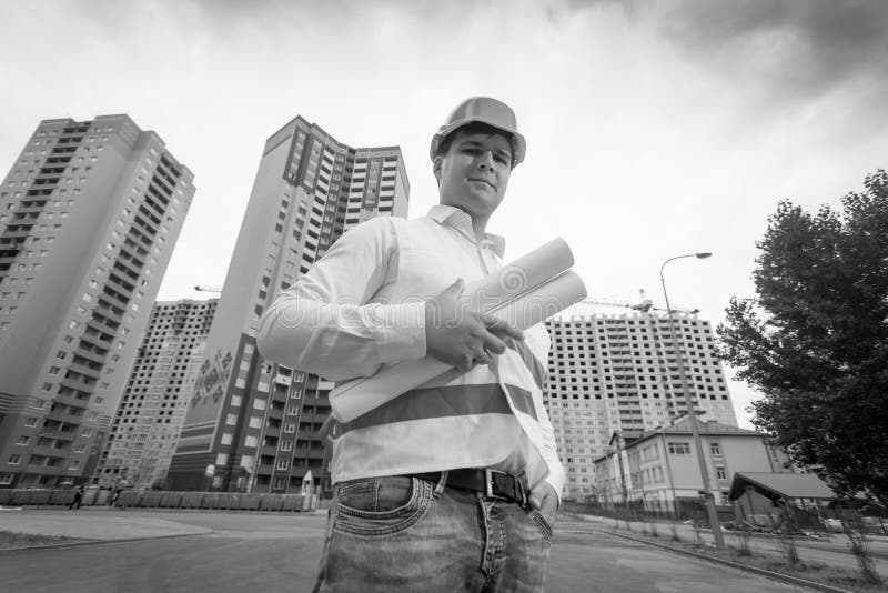 Black and White Image of Smiling Male Construction Engineer in Hardhat ...