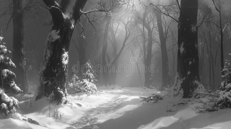 A Black and White Photo of a Snowy Path in the Woods, AI Stock Image ...