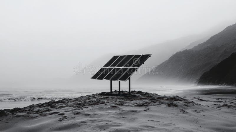 A Black and White Photo of a Solar Panel on a Beach. Stock Photo ...