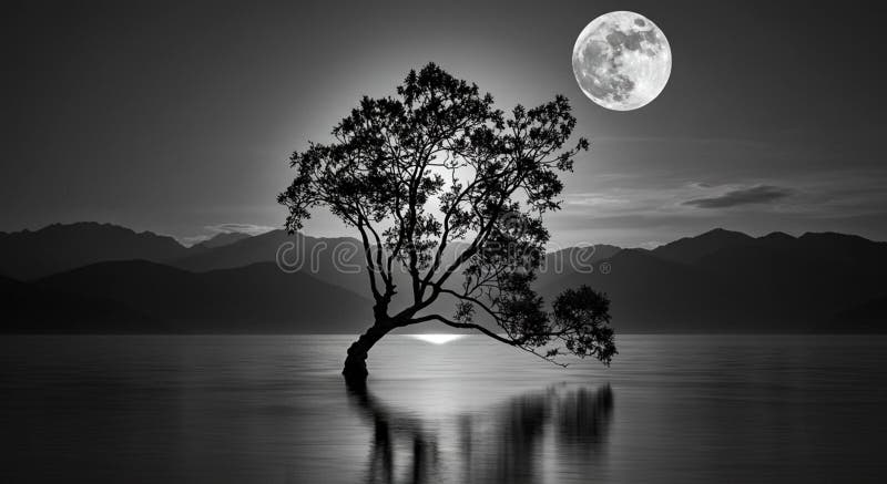 Black and White Photo of Solitary Tree Under the Moon Stock Illustration - Illustration of black ...