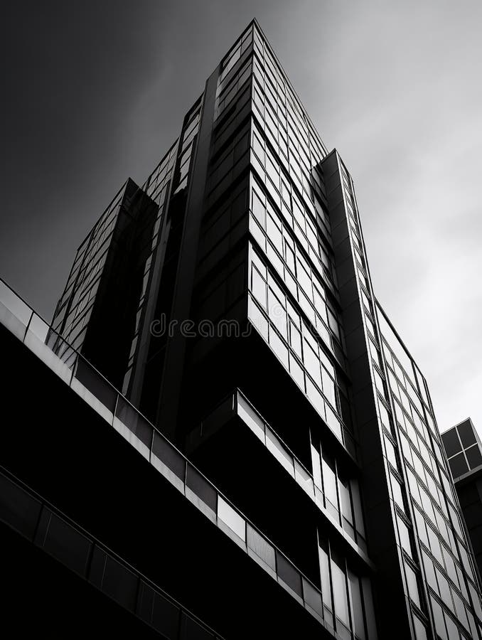 A Black and White Photo of a Tall Building in Dynamic Angled Shot. AI ...