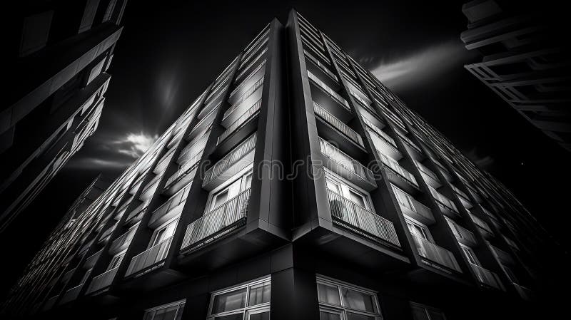 A Black and White Photo of a Tall Building with Windows Stock ...