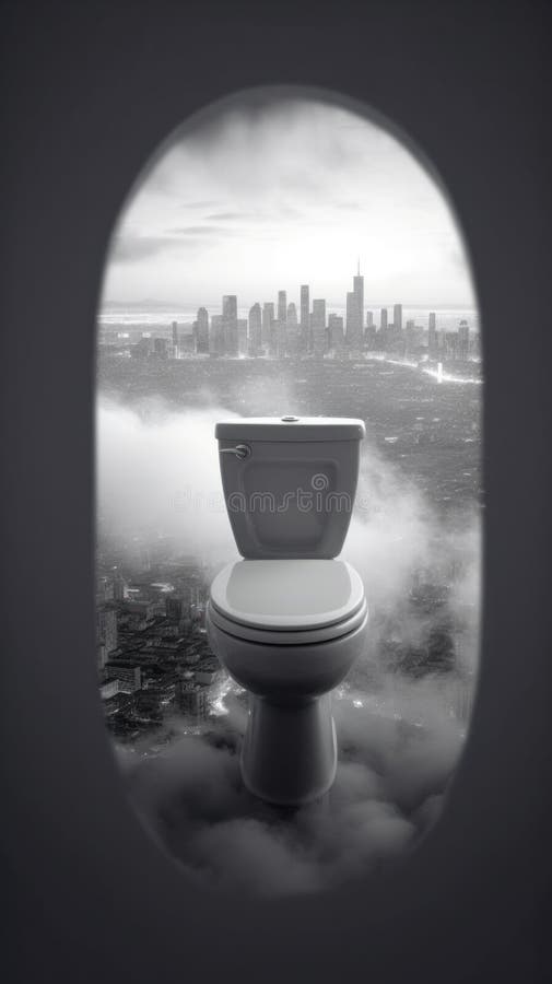 A Black and White Photo of a Toilet with a City in the Background ...