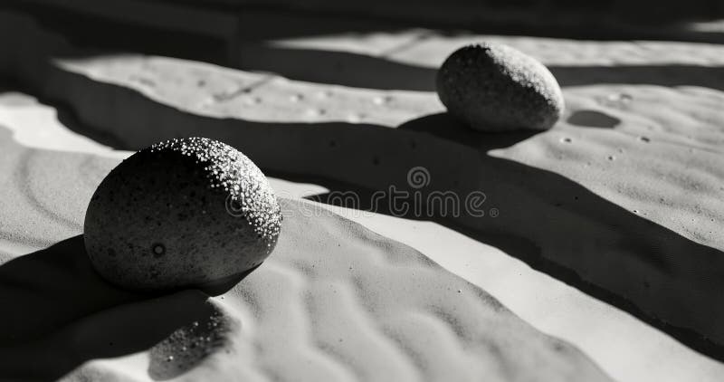 A Black and White Photo of Two Rocks in the Sand Stock Photo - Image of ...