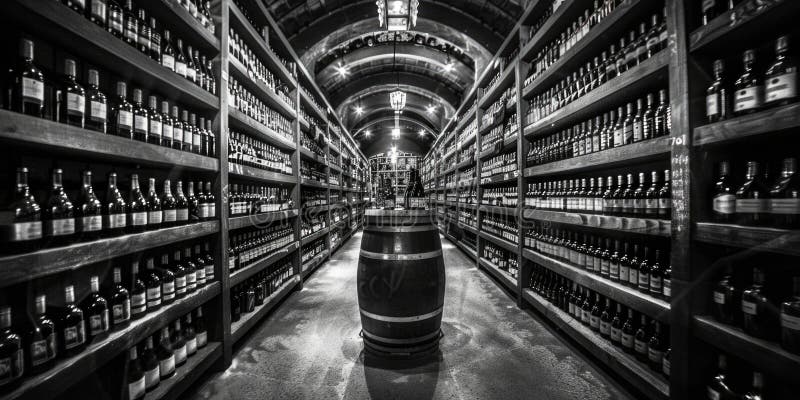 A Black and White Photo of a Wine Cellar, Suitable for Use in Articles ...