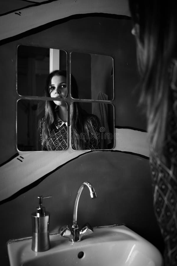 Black and White Photo of a Woman Reflection in Mirror Stock Image ...