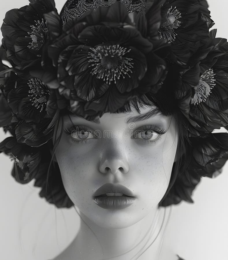 A Black And White Photo Of A Woman Wearing A Crown Of Black Flowers On