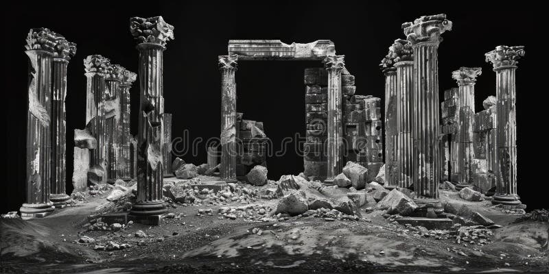 A Black and White Photograph of a Ancient Temple in Ruins, with ...