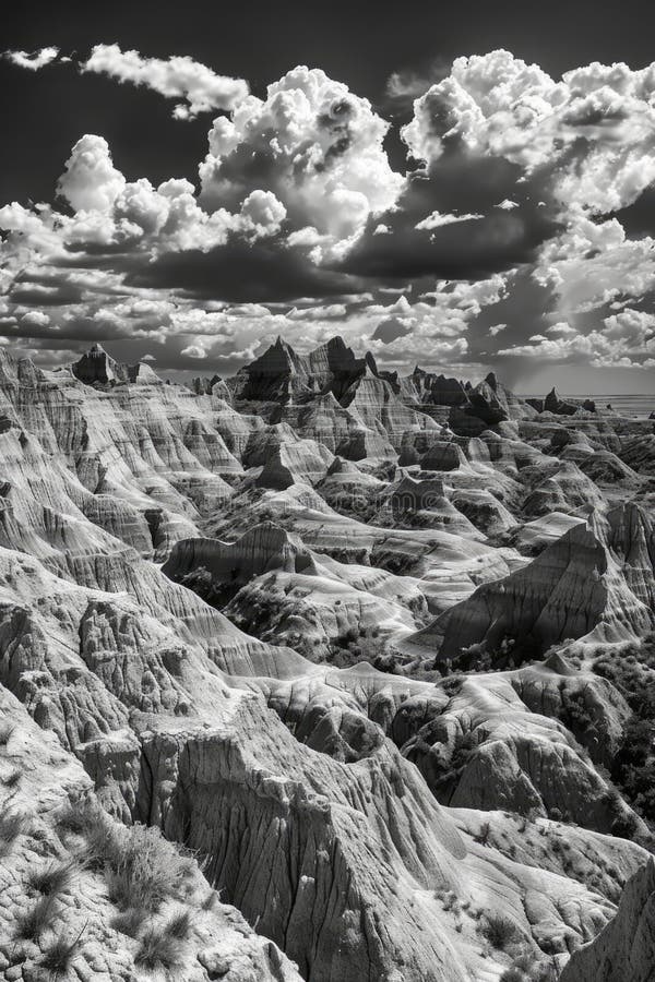 A Black and White Photograph of the Badlands Landscape with Unique ...