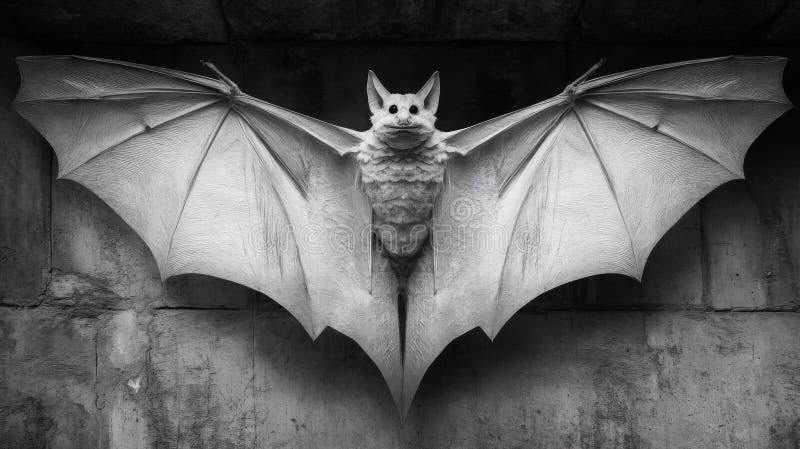 A Black and White Photograph of a Bat Sculpture on a Wall Stock ...