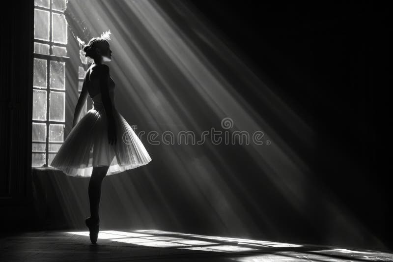 A Black and White Photograph Featuring a Ballerina Posing in Front of a ...