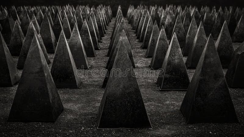 A Black and White Photograph of a Field of Black Pyramids. Stock Image ...