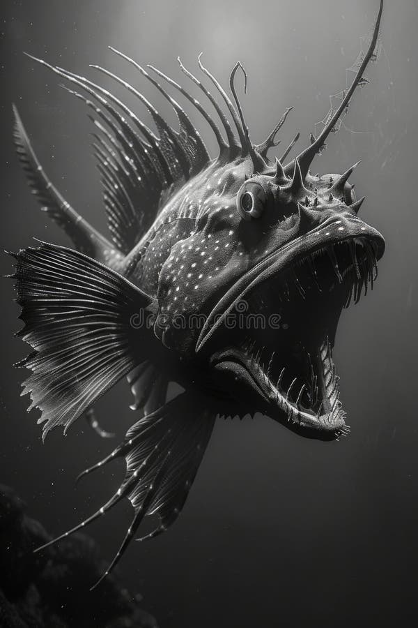 A Black and White Photograph of a Fish with Its Mouth Open Stock Photo ...