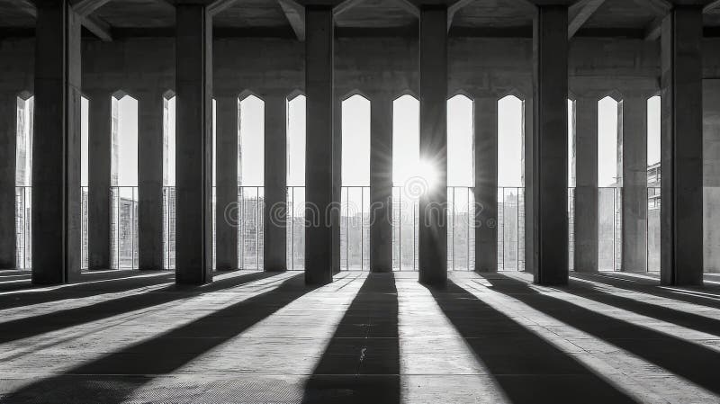 A Black and White Photograph of a Large Concrete Building with a Series ...