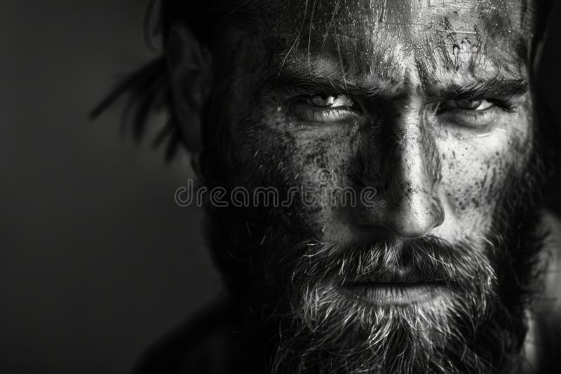A Black and White Photograph of a Mans Face, Close-up, with Rugged ...