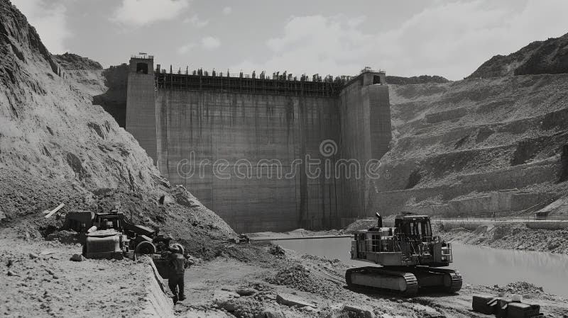 Black and White Photograph of Massive Dam Construction with Heavy ...