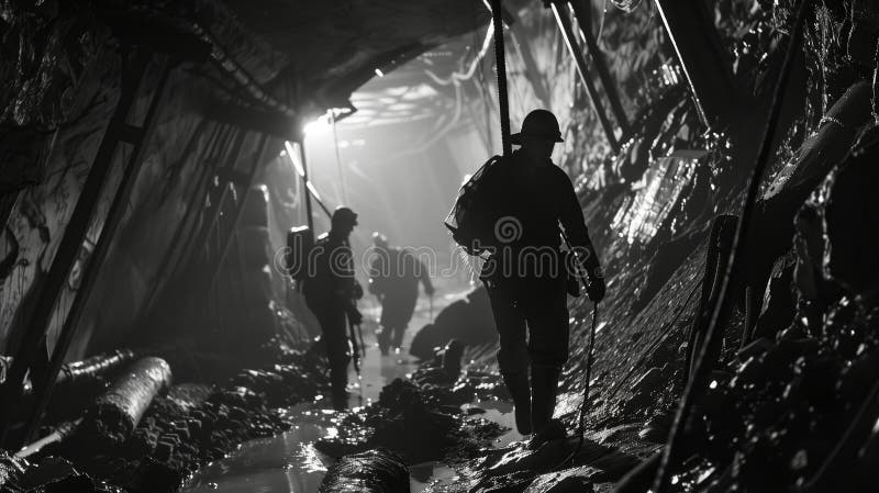 Black and White Photograph of Silhouettes of Miners Walking Inside a ...