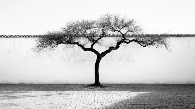 Black and White Photograph of a Single Tree Against a Wall Stock ...
