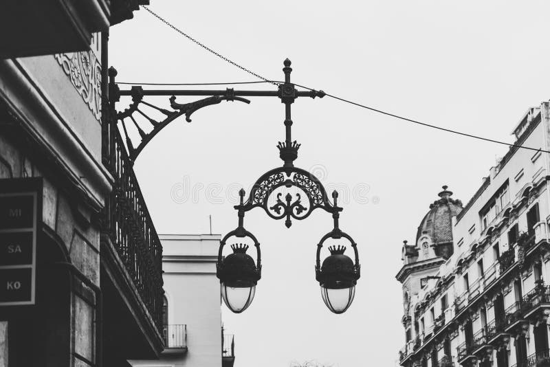 Detail of an Old Double Lantern in the Streets of Barcelona Editorial ...
