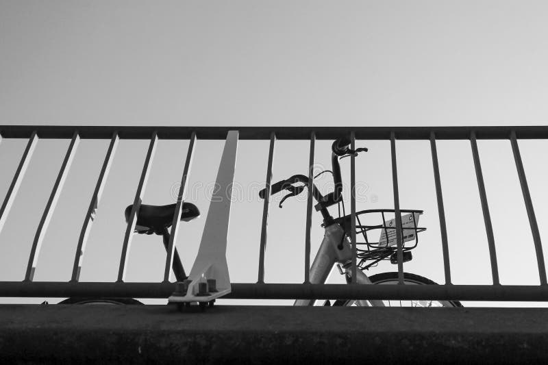 Black and White Picture of Bicycle on the Railing Stock Photo - Image ...