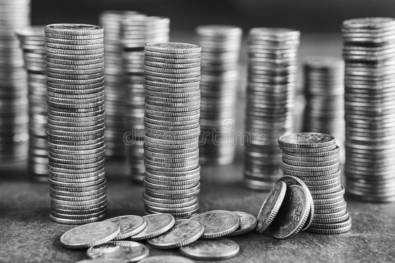 Black and White Picture of Coins Stacks Stock Image - Image of close ...