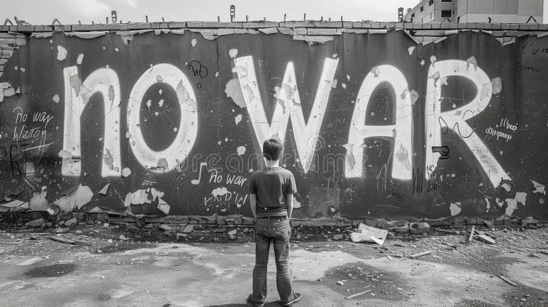 Black and White Picture of a Man Looking at Graffiti NO War Wall. No ...