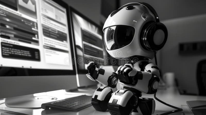 The Black and White Robot Working As Call Center Assistant Help ...