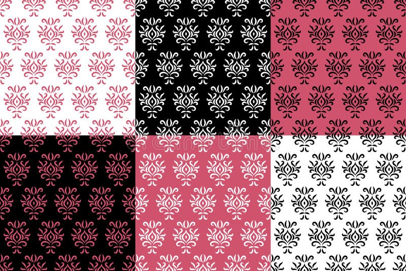 Black White and Pink Damask Stylized Seamless Patterns Set, Vector ...